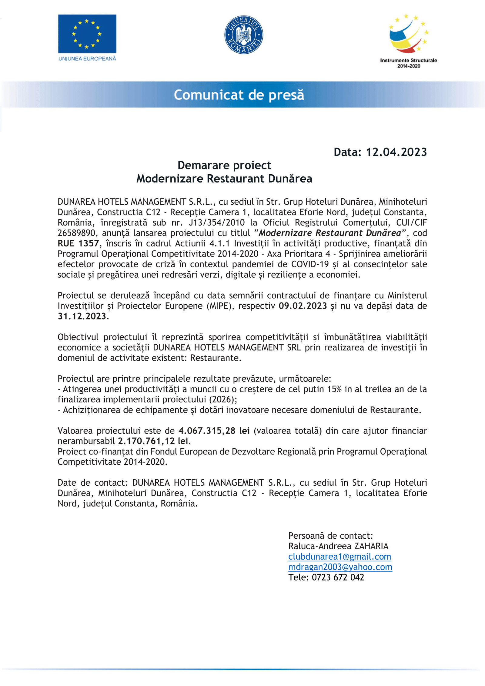 Demarare proiect Modernizare Restaurant Dunărea