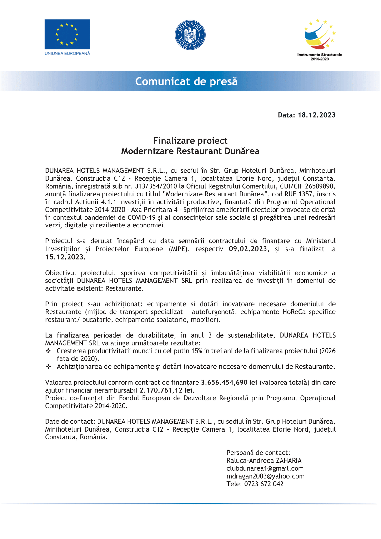 Finalizare proiect Modernizare Restaurant Dunărea