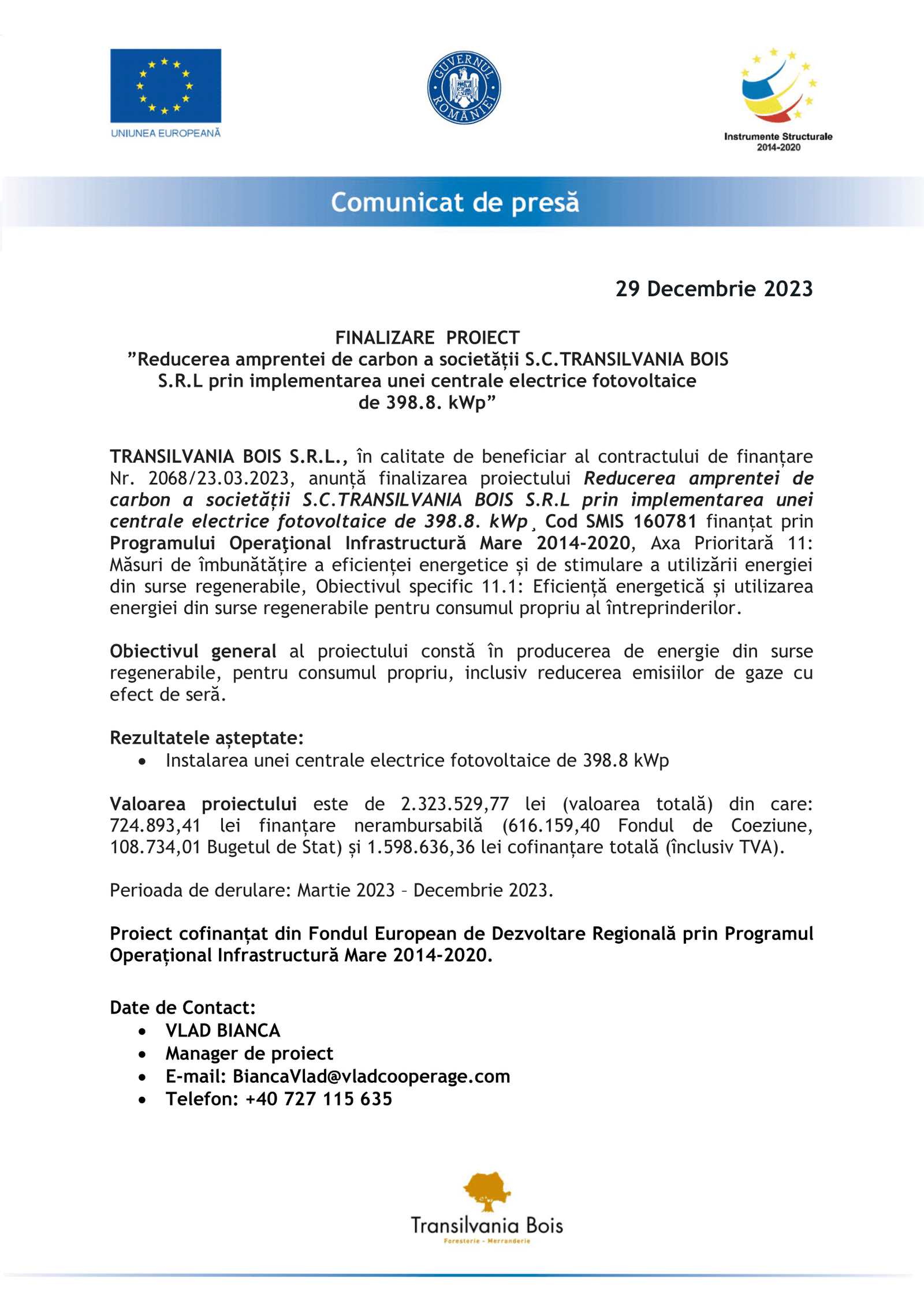 FINALIZARE PROIECT „Reducerea amprentei de carbon a societății S.C ...