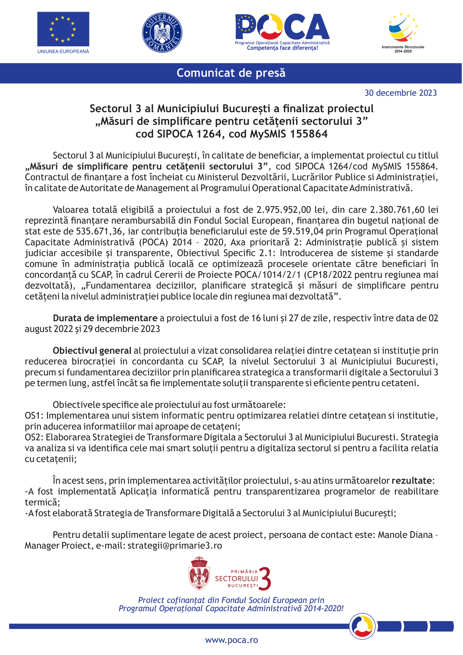 Sectorul 3 al Municipiului București a finalizat proiectul „Măsuri de ...