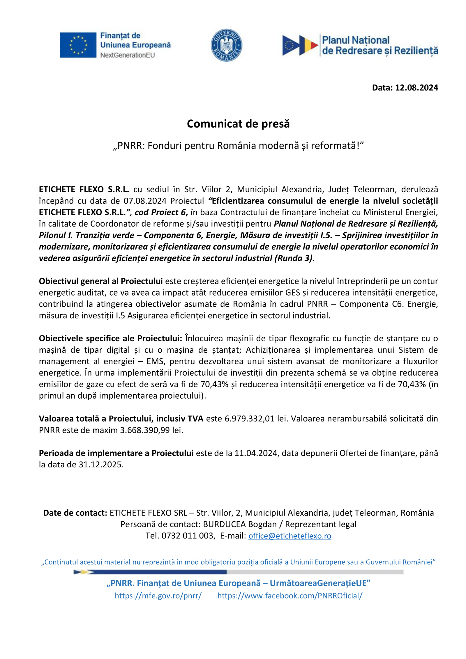 Comunicat de presă „PNRR: Fonduri pentru România modernă și reformată!”