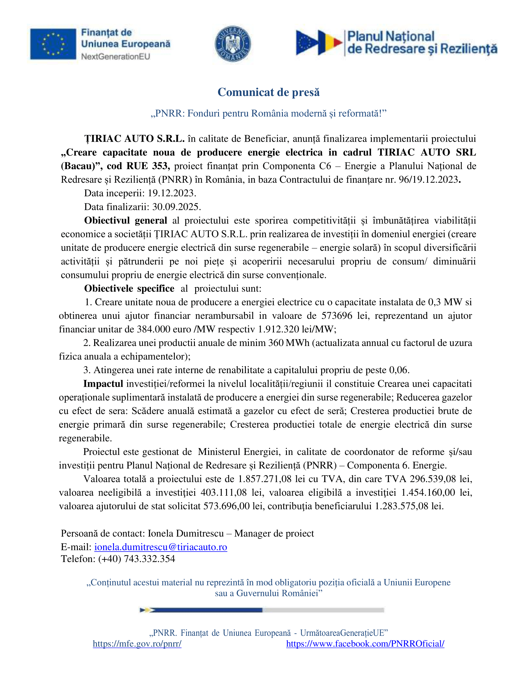 Comunicat de presă „PNRR: Fonduri pentru România modernă și reformată!”