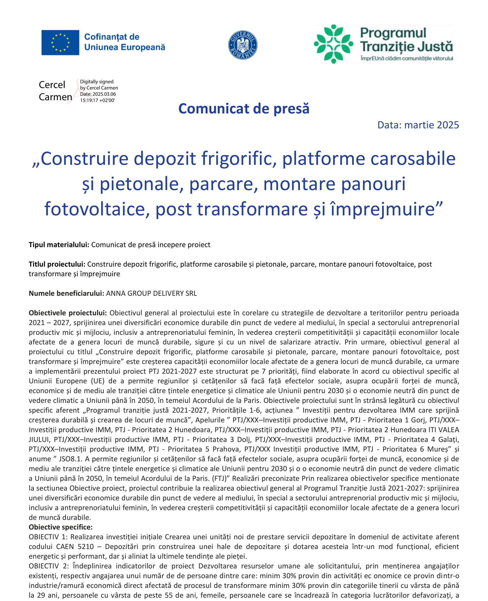 Construire depozit frigorific, platforme carosabile și pietonale ...